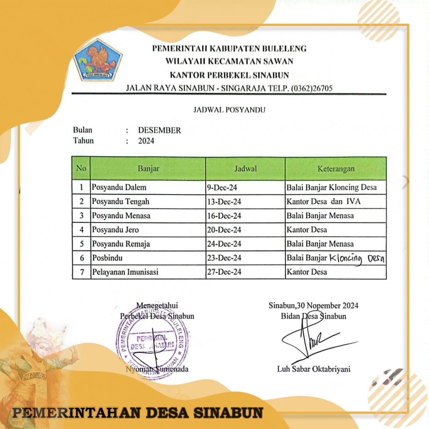 JADWAL POSYANDU - Website Desa Sinabun
